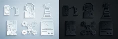 액션 카메라 안테나 전자 컴퓨터 부품 마더 보드 디지털 칩 3d 프린터 작업자 로봇 및 산업 기계 로봇 팔 손 아이콘으로 드론 비행을 설정합니다 벡터 3차원 형태에 대한