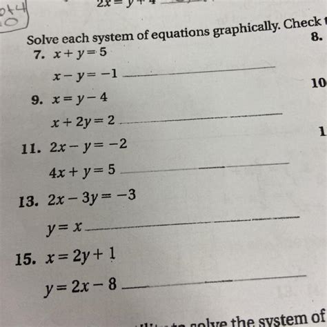 Solve each system of equations graphically. Check the solution.Solve each system of equa7.x+y=5x ...