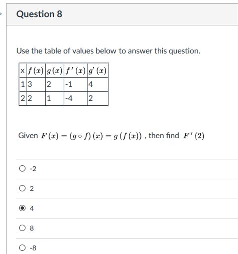 solved question 8 use the table of values below to answer