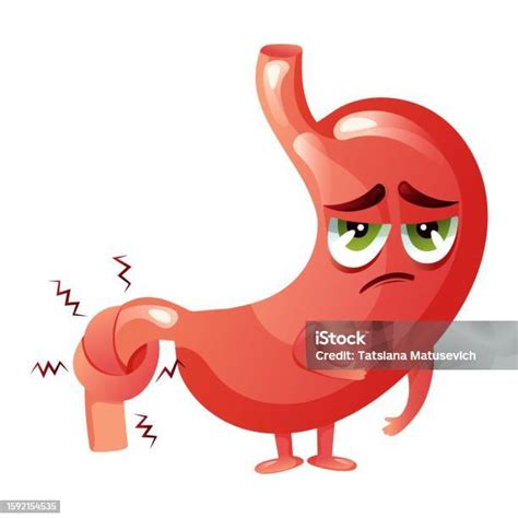 감정 슬픔 고통을 가진 만화 위장 캐릭터 개념은 병든 내부 장기 폐색 팽만감 및 변비입니다 벡터 그림입니다 개념에 대한 스톡