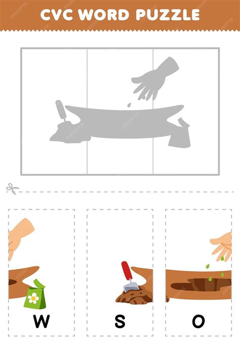 귀여운 만화 파종 씨앗 그림 인쇄 가능한 워크시트의 퍼즐을 완성하여 아이들이 cvc 단어를 배울 수 있는 교육 게임 프리미엄 벡터