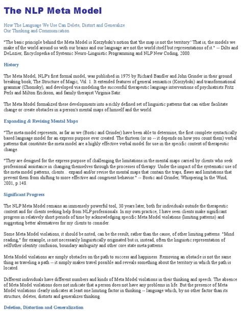 The Nlp Meta Model Pdf Neuro Linguistic Programming Cognitive Science
