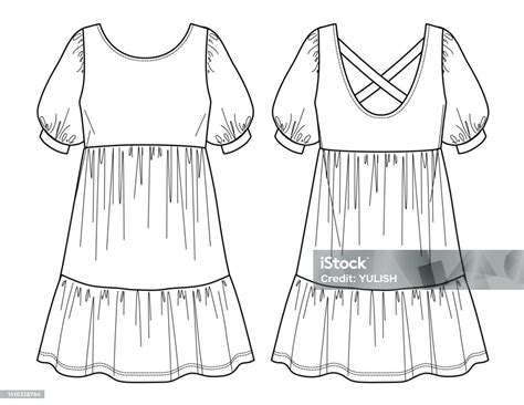 볼륨있는 미니 드레스 프릴 벡터 스케치 둥근 목 드레스 패션 Cad 기술 도면 플랫 모의 템플릿과 트렌디 한 드레스 저지 또는
