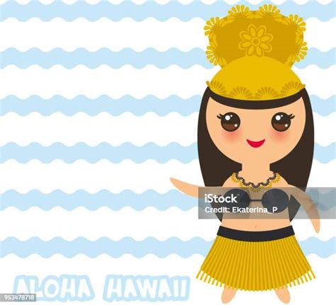 알로하 하와이 카드 디자인 하와이 훌라 댄서 귀여운 소녀 푸른 파도 바다 바다 배경입니다 배너 템플릿 카드 디자인입니다 벡터