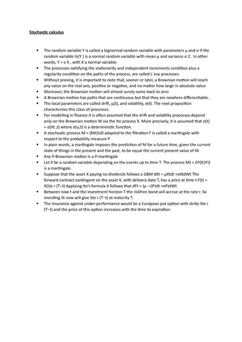 Stochastic Calculus Summary Finance Stochastic Calculus The Random Variable Y Is Called A