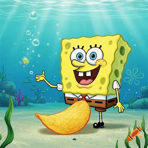 Spongebob Squarepants Stands On The Seabed Next To A Large Potato Chip In A Vibrant Cartoon