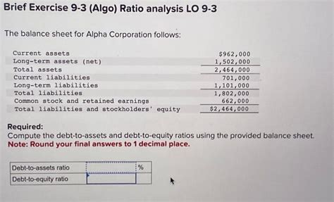 solved brief exercise 9 3 algo ratio analysis lo 9 3 the