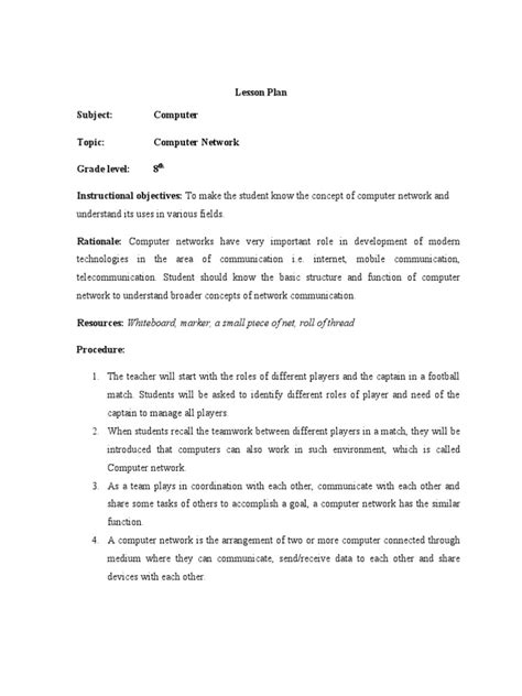 Lesson Plan Pdf Computer Network Lesson Plan