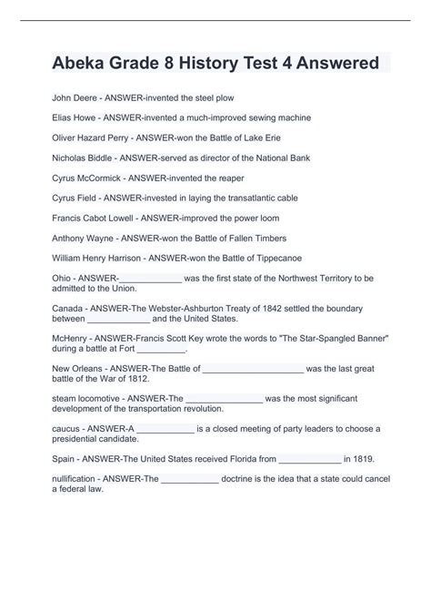 Abeka Grade 8 History Test 4 Answered Abeka Stuvia Us