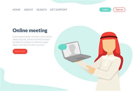 온라인 회의 방문 페이지 템플릿 전통적인 무슬림 의류를 입고 아랍 사업가 캐릭터 노트북 컴퓨터 평면 벡터 일러스트를 들고 남자에 대한 스톡 벡터 아트 및 기타 이미지