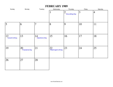 February 1989 Calendar