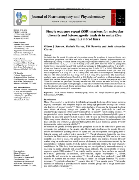 Pdf Simple Sequence Repeat Ssr Markers For Molecular Diversity And Heterozygosity Analysis