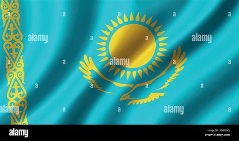 Kazakhstan National Flag Waving With Visible Fabric Folds And Smooth