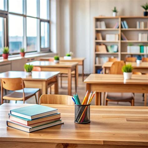 Empty Classroom With Books Pencils Desks And Chairs Stock