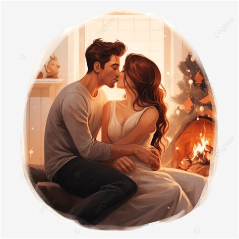 벽난로와 크리스마스 트리 옆에 앉아 있는 젊은 가족 아버지는 어머니의 뺨에 키스한다 크리스마스 가족 가족의 즐거움 Png 일러스트 및 이미지 에 대한 무료 다운로드