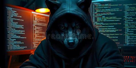 Wolf Hacker Coding At Computer Wearing Hoodie With Cyberpunk Vibe Stock