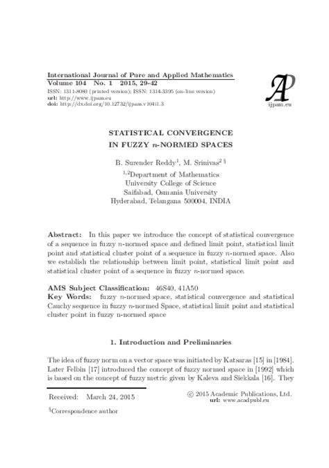 Pdf P A Statistical Convergence In Fuzzy N Normed Spaces