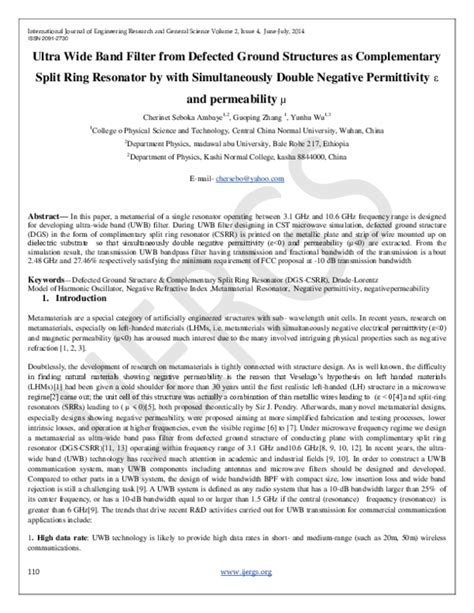 Pdf Ultra Wide Band Filter From Defected Ground Structures As Complementary Split Ring