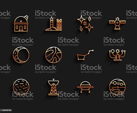 행성 화성 위성 접시 천문대 Ufo 비행 우주선 떨어지는 별 태양계 및 그레이트 베어 별자리 아이콘을 설정합니다 벡터 검은색에 대한 스톡 벡터 아트 및 기타 이미지 Istock