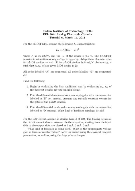 Tut6 Analog Electronic Circuits Indian Institute Of Technology Delhi Eel 204 Analog