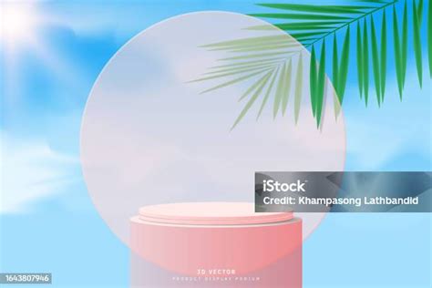 3d 푸른 하늘 구름과 태양 배경 핑크 3d 투명 유리 실린더 연단 받침대 또는 원형 유리 배경과 야자 코코넛 잎이 있는 제품 디스플레이 프레젠테이션 3d 기하학적 형태