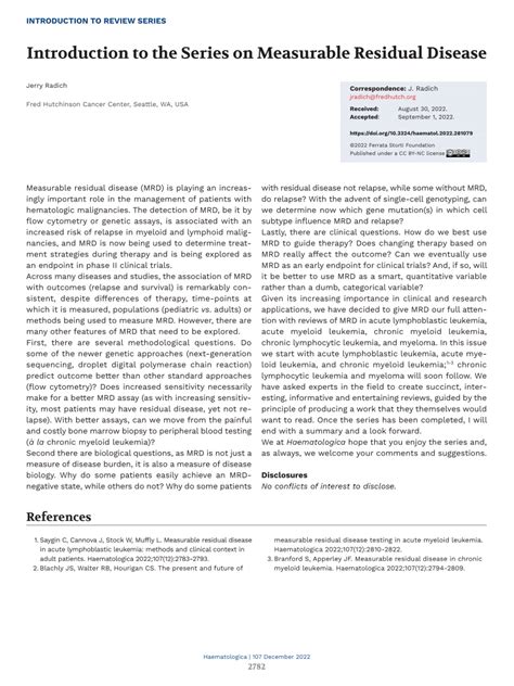 Pdf Introduction To The Series On Measurable Residual Disease