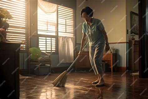 premium photo efficient cleaning lady sweeping the floor with a broom
