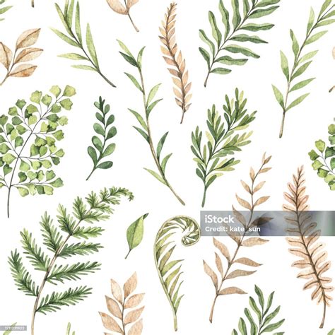 녹지 수채화 원활한 패턴입니다 녹색 가지 잎과 고사리 그림 식물 배경 꽃 무늬 디자인 초대장 포장지 직물 직물 포스터 포장에 적합 0명에 대한 스톡 벡터 아트 및 기타