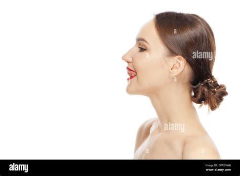 Lovely Girl Looking Away Standing In Profile And Lick Her Lips Stock Photo Alamy