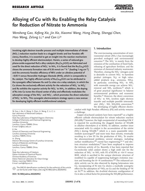 Alloying Of Cu With Ru Enabling The Relay Catalysis For Reduction Of Nitrate To Ammonia