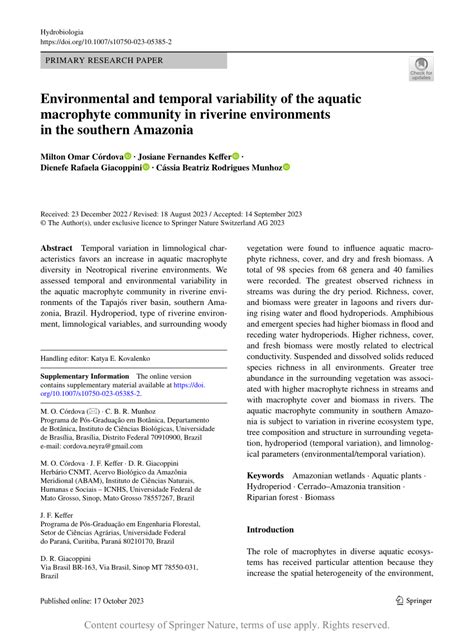 Environmental And Temporal Variability Of The Aquatic Macrophyte