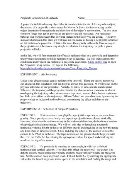 Projectile Simulation Lab Exploration Pdf PhET