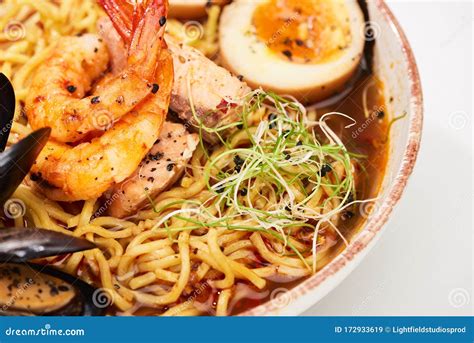 Close Up View Of Spicy Seafood Ramen In Bowl Stock Image Image Of