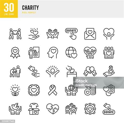 자선 얇은 선 벡터 아이콘 세트입니다 30 아이콘 완벽한 픽셀 세트에는 자선 단체 자선 기부금 기부 상자 구명 벨트 도움의 손길 자원 봉사자 하트 모양 모금 기부 버튼이