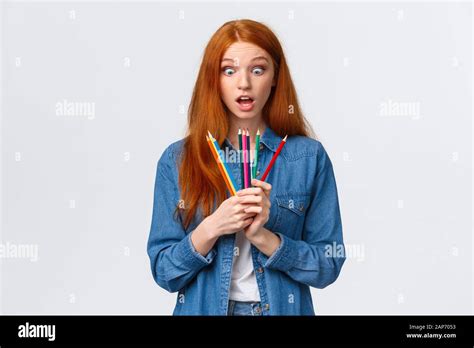 Amused And Excited Wondered Cute Teenage Redhead Foxy Girl In Denim