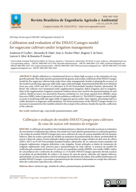 Pdf Calibration And Evaluation Of The Dssatcanegro Model For