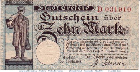 Großnotgeld De 10 Mk Banknote Der Stadt Crefeld 10 Mark Schein In Kfr