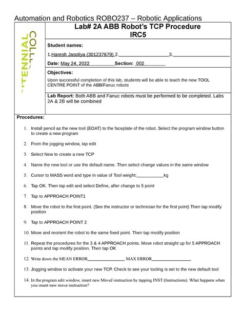 Lab 2 Automation And Robotics Robo237 Robotic Applications Lab 2a