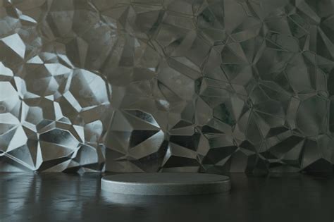 검은색 다각형 배경에는 제품이나 텍스트를 배치하기 위한 둥근 검은색 연단이 있습니다 복사 붙여넣기 3d 렌더링 0명에 대한 스톡 사진 및 기타 이미지 Istock