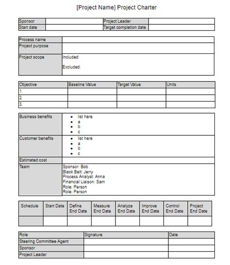 Six Sigma Project Charter Template Excel