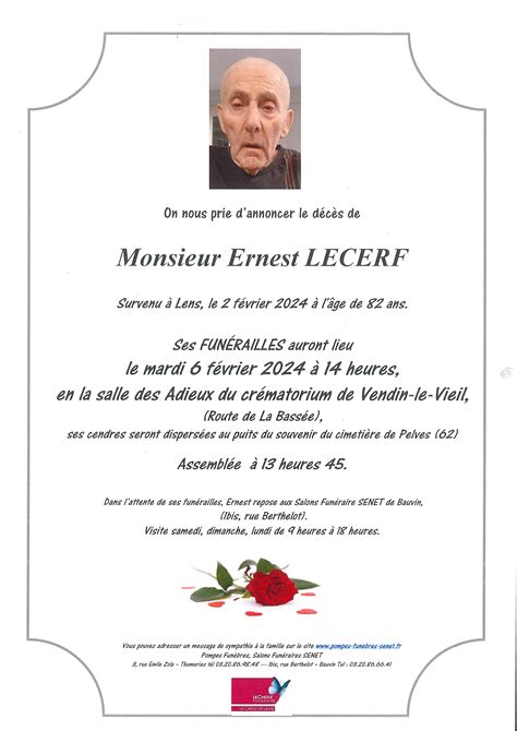 Avis De Décès De Ernest Lecerf Pompes Funèbres Senet