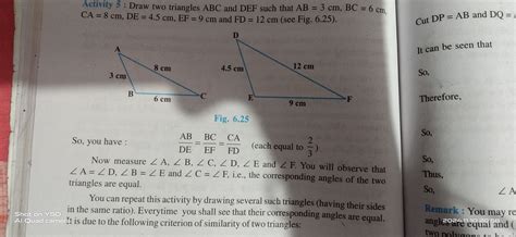 Activity 5: Draw two triangles ABC and DEF such that AB=3 cm,BC=6 cm, CA=..