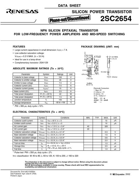 2sc2654 Datasheet Npn Transistor Renesas