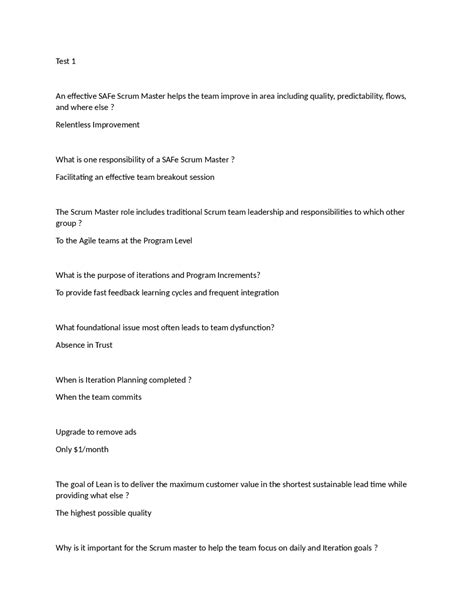 Safe Scrum Master V5 Qa Exams Nursing Docsity