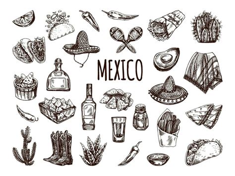 Hand Drawn Set Of Realistic Mexican Elements Vintage Sketch Drawings
