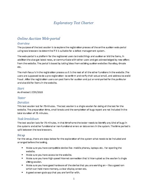 Exploratory Test Charter Example Exploratory Test Charter Online Auction Web Portal Overview