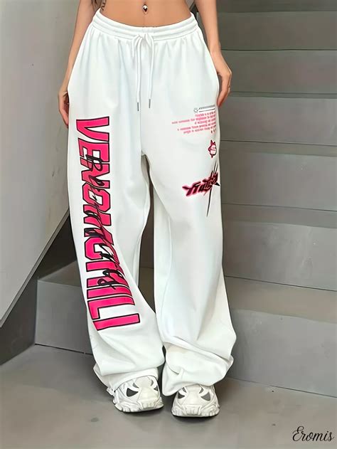 Eromis Womens Casual Letter Print Drawstring Waist Loose Pants For