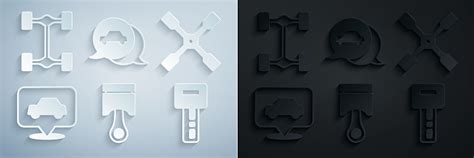 엔진 피스톤 휠 렌치 자동차 서비스 리모컨이 있는 키 섀시 자동차 아이콘을 설정합니다 벡터 3차원 형태에 대한 스톡 벡터 아트 및 기타 이미지 Istock