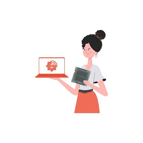 Premium Vector A Woman Holds A Laptop And A Processor Chip In Her Hands Iot And Automation
