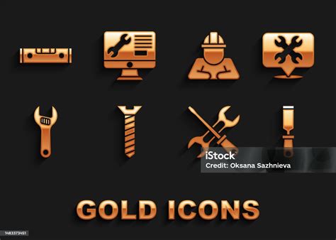 금속 나사 렌치가 있는 위치 Rasp 금속 File 드라이버 및 조정 가능 빌더 건설 버블 레벨 및 컴퓨터 모니터 서비스 아이콘을 설정합니다 벡터 강철에 대한 스톡 벡터